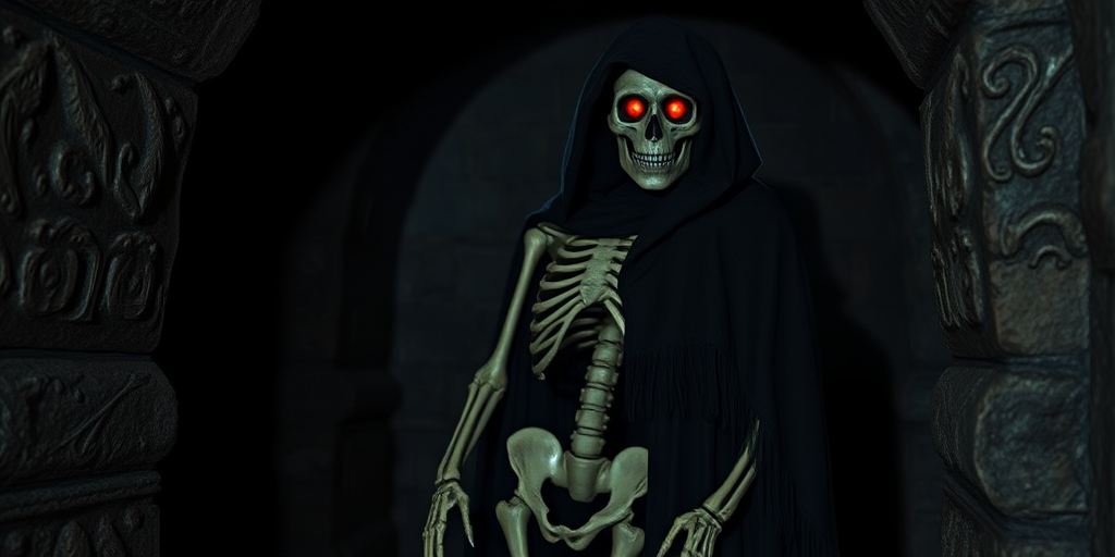 Sinister Skeleton with Glowing Red Eyes Stands in Dark, Mysterious Archway