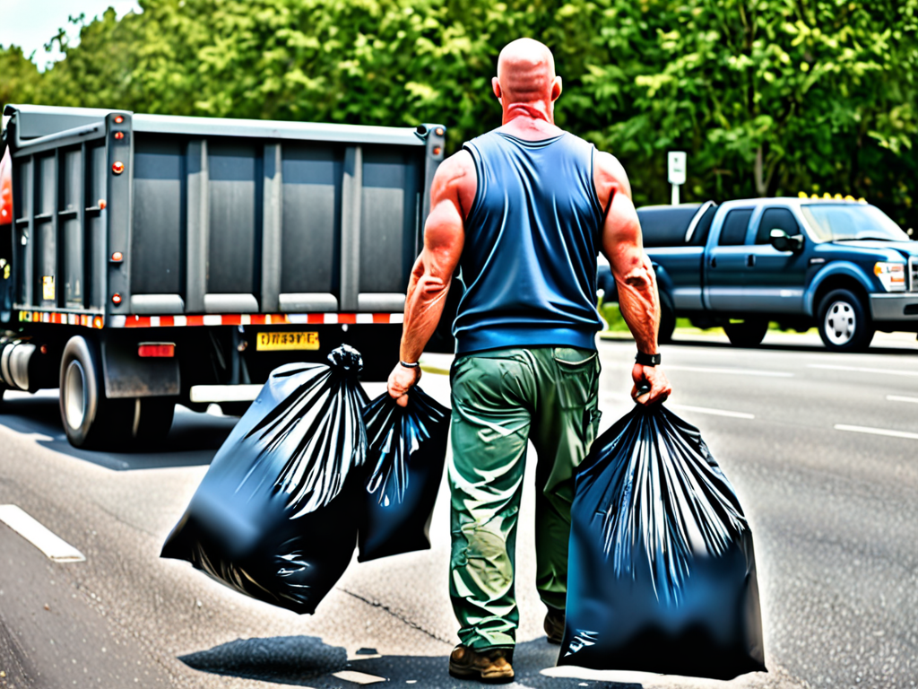 realistic handsome bald older muscular garbagemen from behind carrying ...