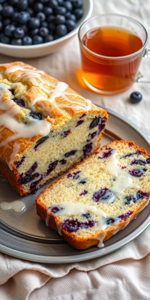 Delicious Blueberry Loaf Cake with Glaze and Fresh Blueberries on the Side