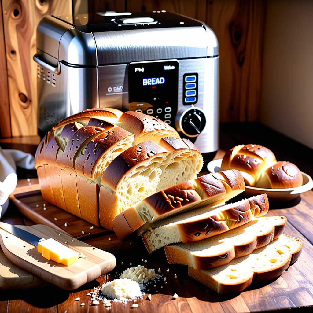 Freshly Baked Bread Displayed with a Modern Bread Maker and Ingredients