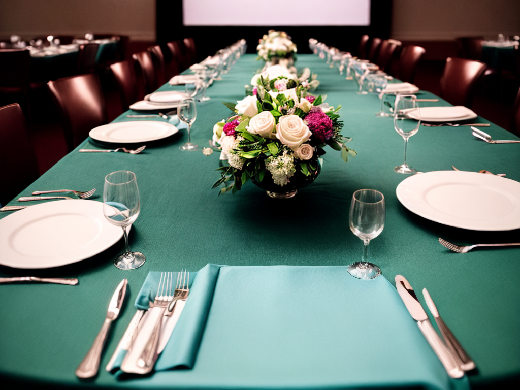 A corporate fancy dinner table. Fancy plates and guests sitting. A ...