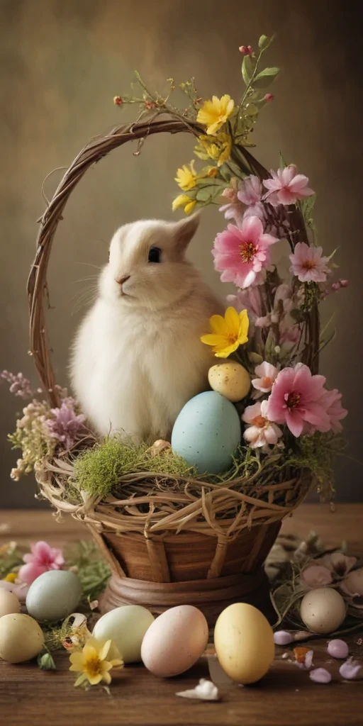 Charming Easter Basket Featuring a Cute Bunny Surrounded by Colorful ...
