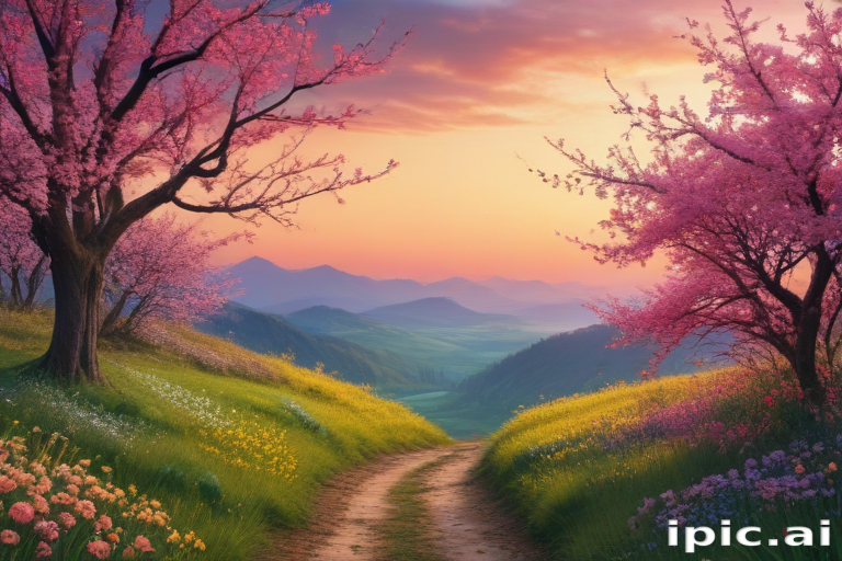 A Serene Pathway Through Blooming Cherry Trees in a Colorful Landscape.