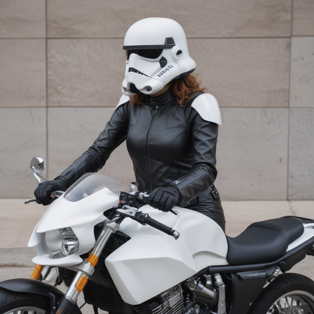 woman in black leather on a motorcycle with stormtrooper helmet