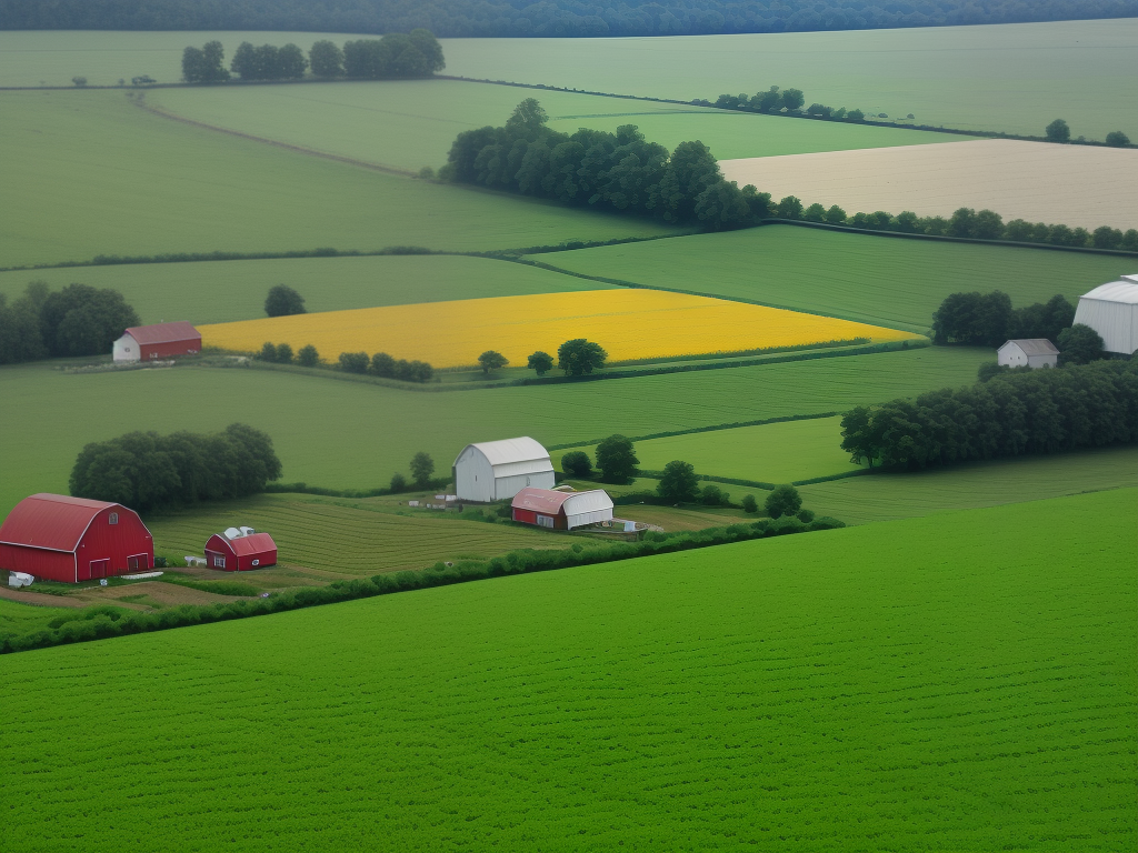Aerial View of Vibrant Farmland with Red Barns and Lush Green Fields