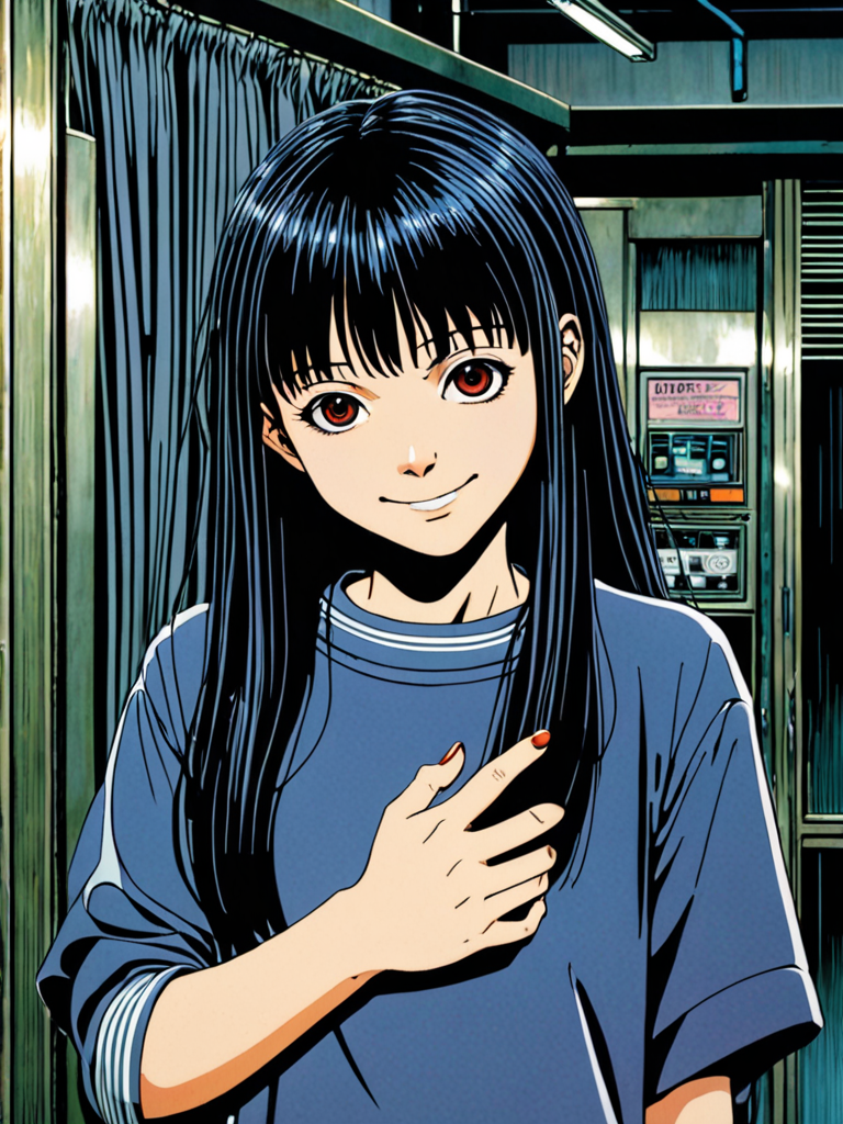 sci-fi, tomie, curtain bangs, cyberpunk, junji ito, lain, cute, smile