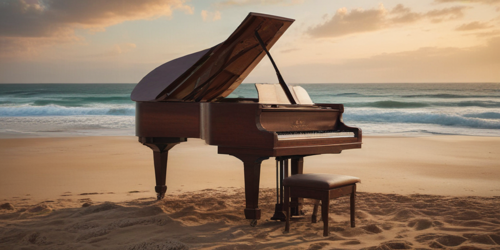 A Grand Piano on a Serene Beach at Sunset: Nature's Musical Stage