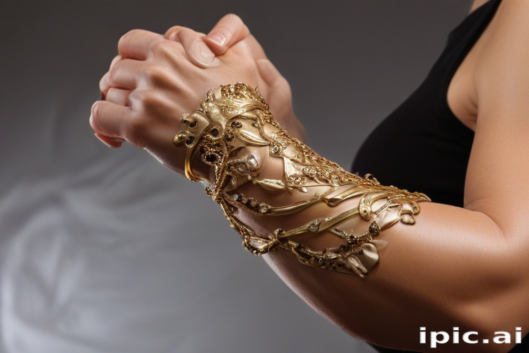 Elegant Golden Arm Cuff Adorned with Intricate Designs and Jewels