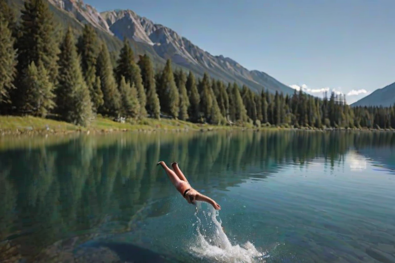 Person Joyfully Diving into a Serene Mountain Lake Surrounded by Trees