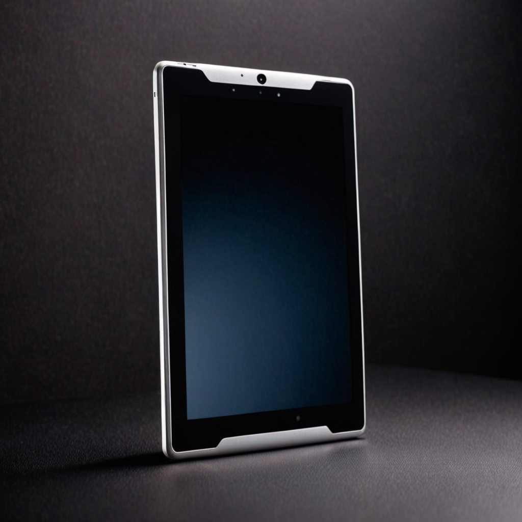 electronic tablet standing vertical direction floating in the air with ...