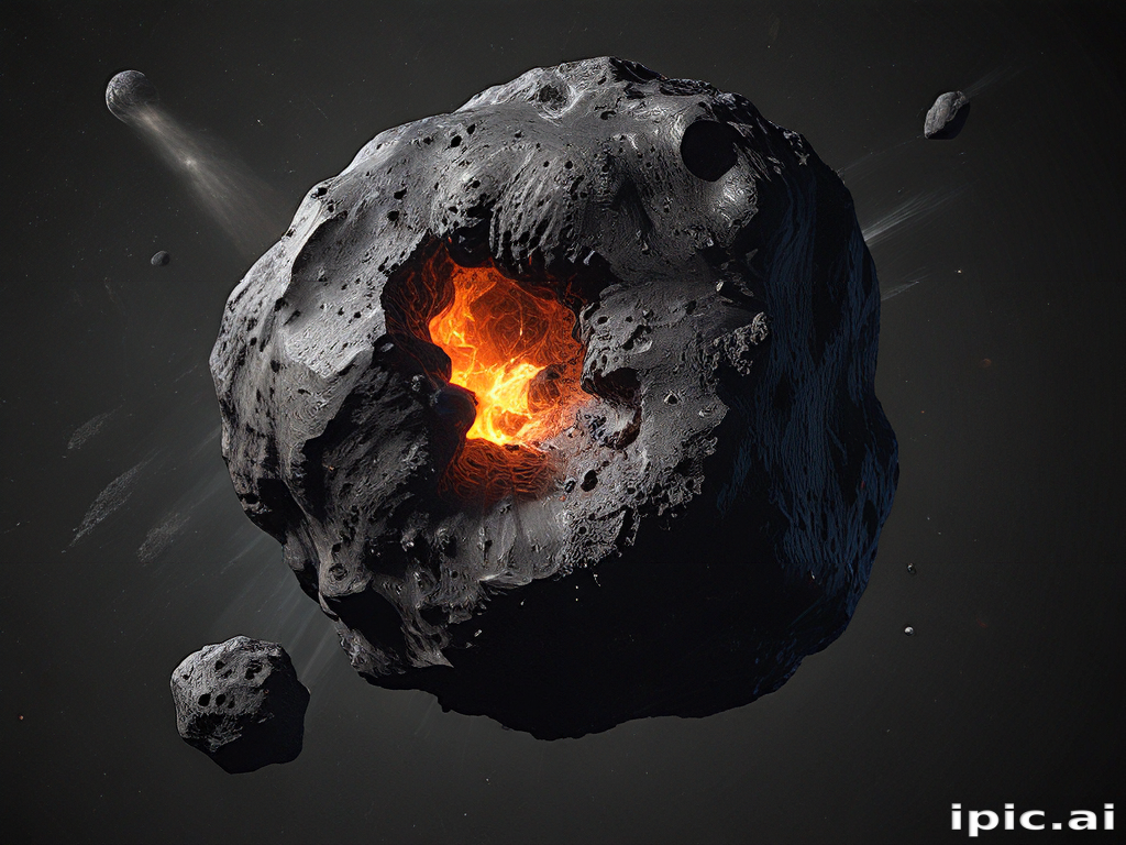 Fiery Core of a Volcanic Asteroid Surrounded by Floating Debris in Space