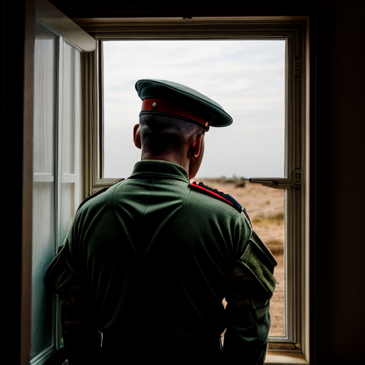A shot from the shoulder of a soldier who returns tired from war and ...