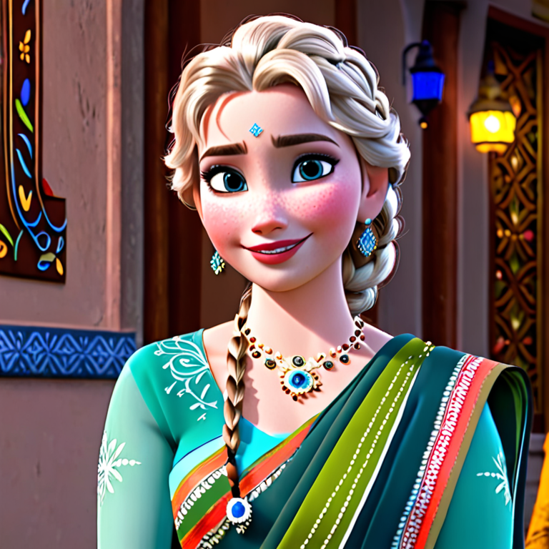 Elsa hug Anna in saree indian smile frozen disney smile look her 3D outside