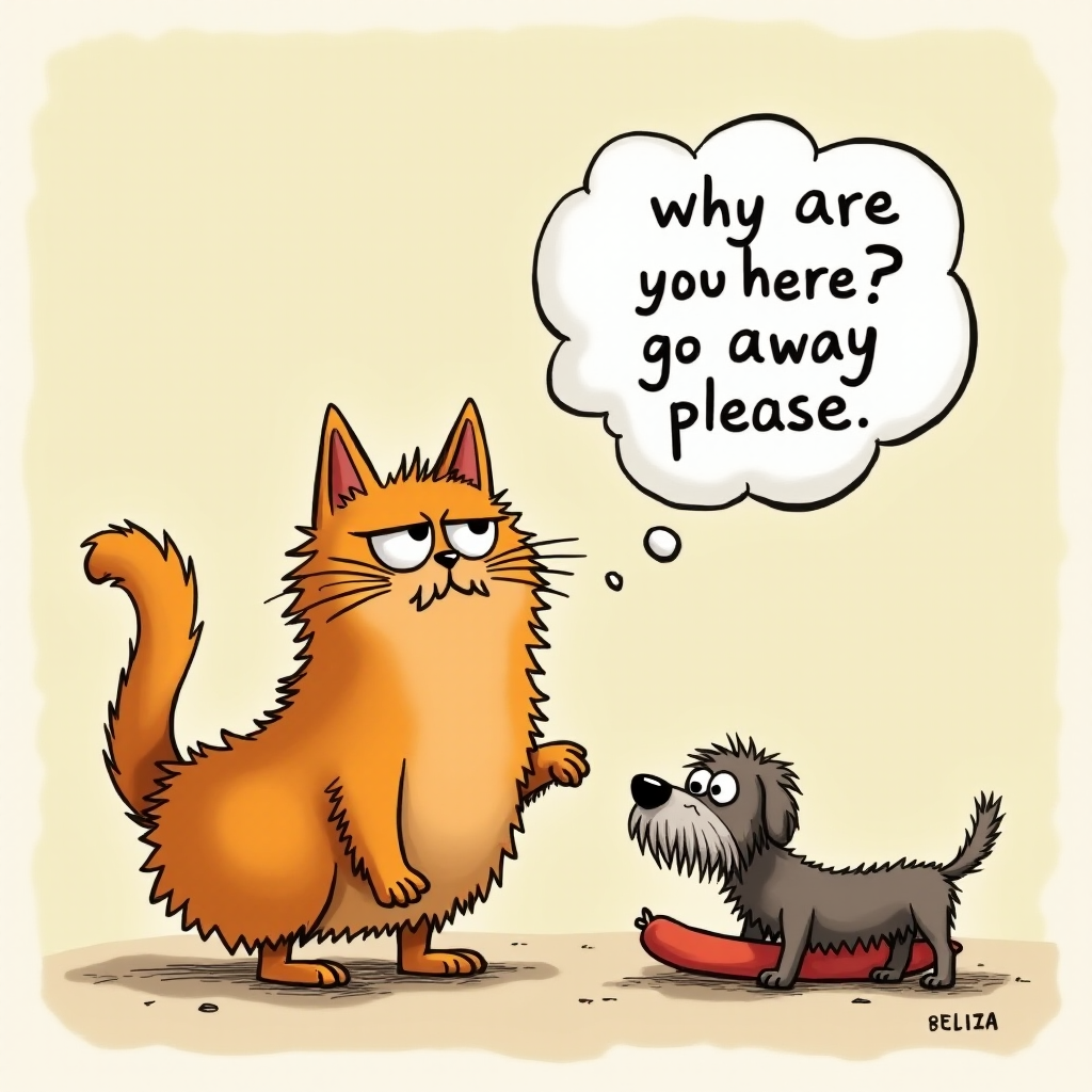 A Cat Confronts a Dog: A Humorous Encounter About Personal Space.