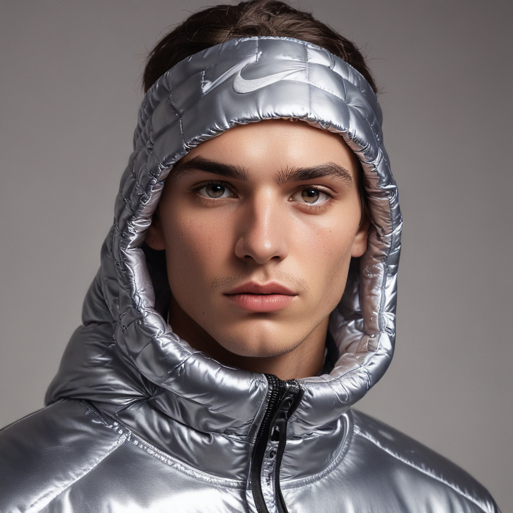 Male supermodel nike shiny puffer jacket bling jewellery hood headband