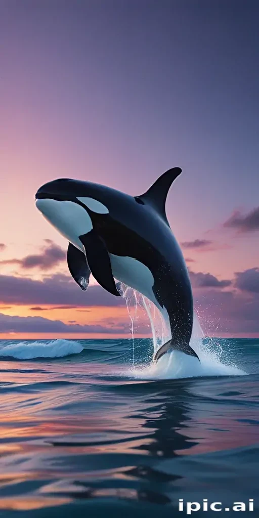 Majestic Orca Breaching the Ocean Surface at Sunset in Stunning Colors