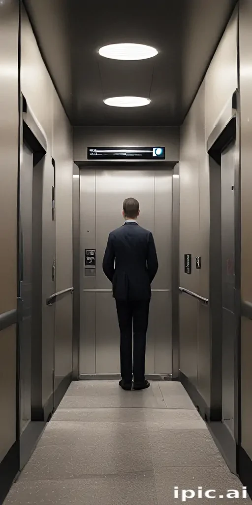 Man Waiting Alone in Elevator Corridor for Doors to Open