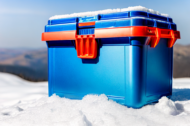 A blue cooler box with snow inside on a white background