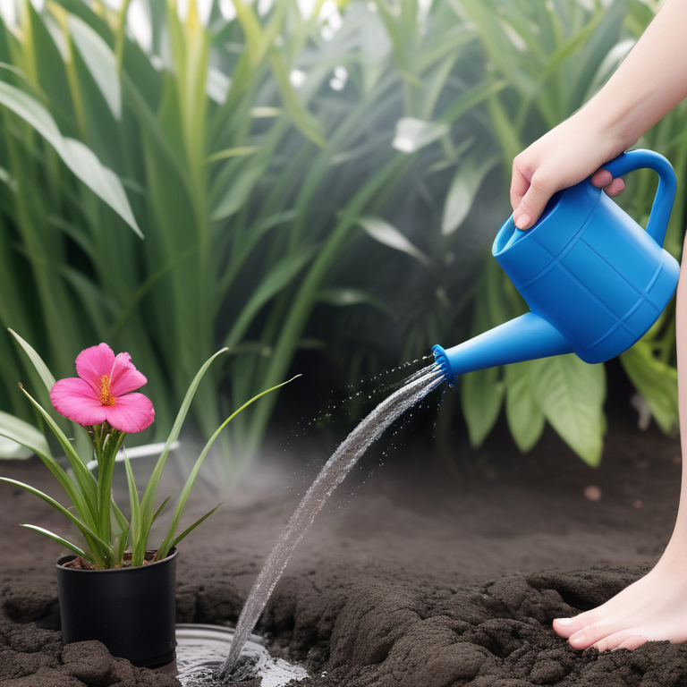 Bright Pink Flower Being Watered in a Lush Garden Setting