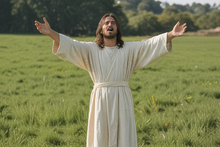 jesus standing in a field with his arms open, and people listening