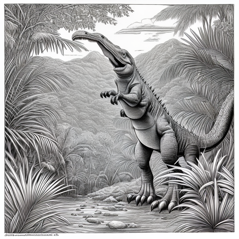 coloring page, no color, dinosaur in a jungle, cartoon style, black and ...