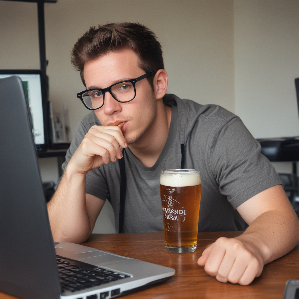 A total nerd on a PC looking forward for a weekend soon, drinking beer ...