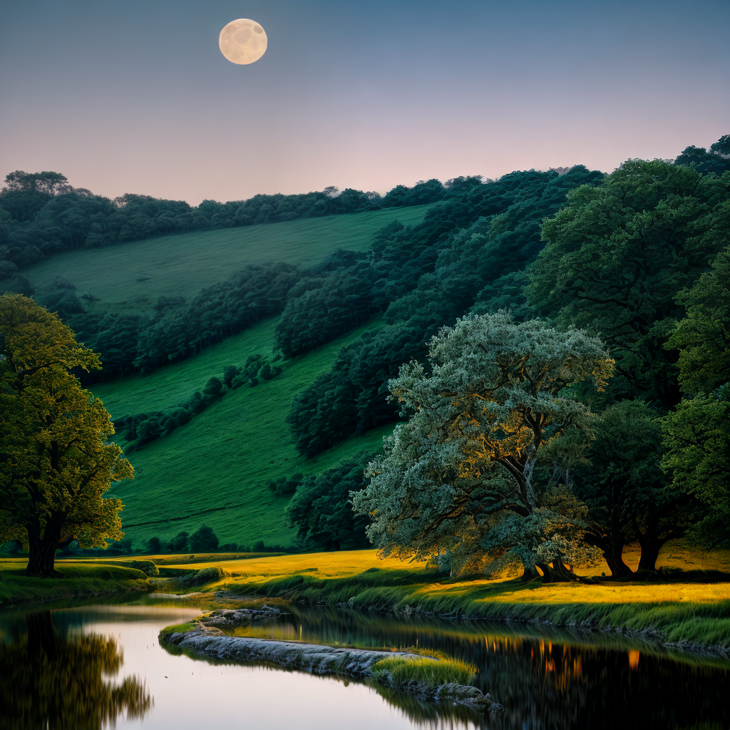 a picturesque countryside with rolling meadows, a winding river, and an ...