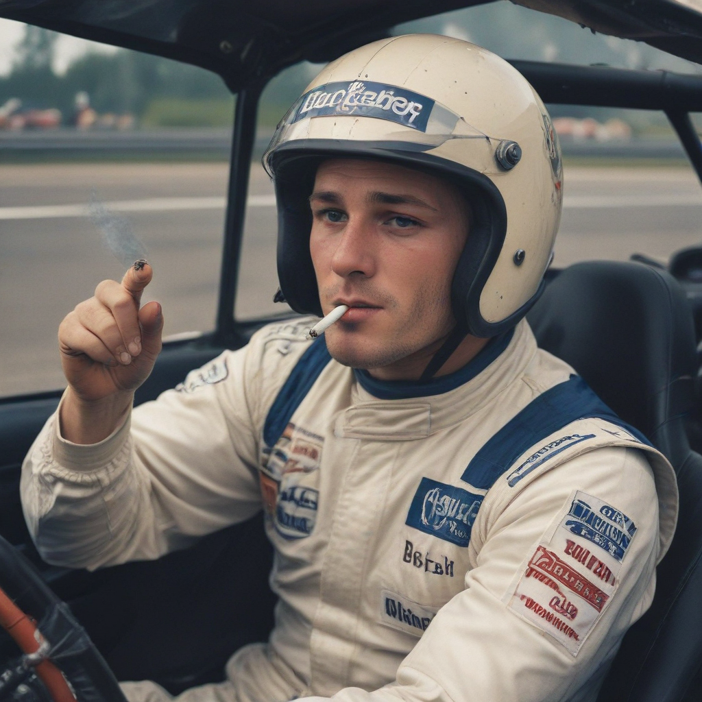 Someone smoking a cigarette while driving a racecar