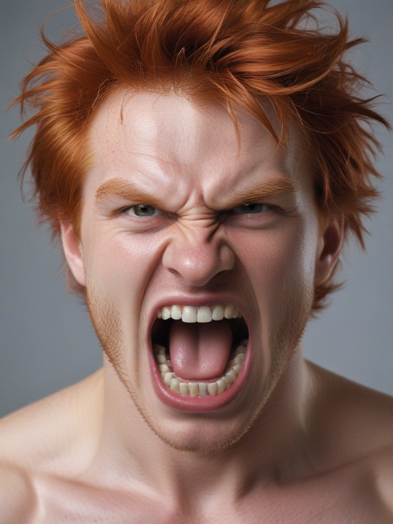 Man, red hair, sharp teeth, angry, rabid, foaming at the mouth