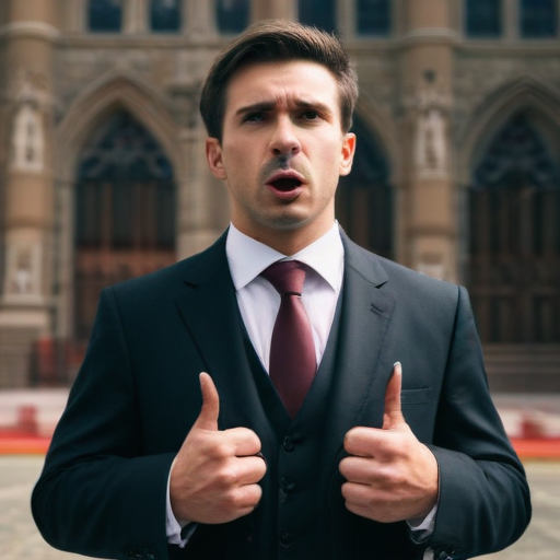 Angry preacher stands in front of church