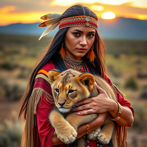 Majestic Woman in Traditional Attire Holding a Lion Cub at Sunset