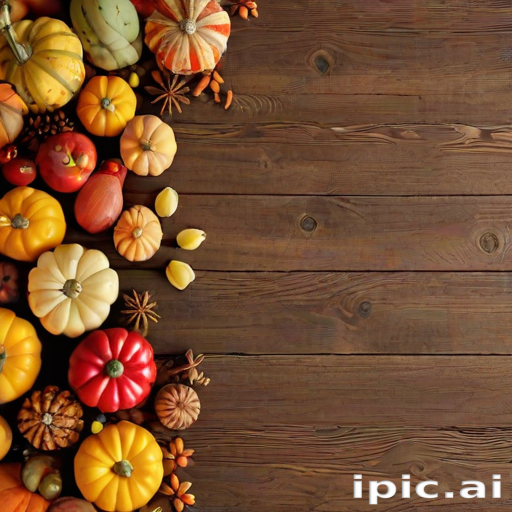 Autumn Harvest Display of Colorful Pumpkins and Gourds on Wooden Background
