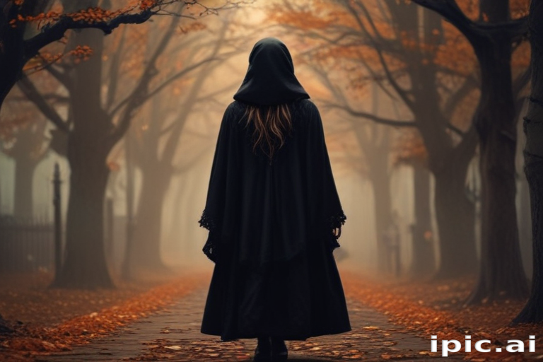 A Mysterious Figure in a Cloak Wanders Through an Enchanted Autumn Forest