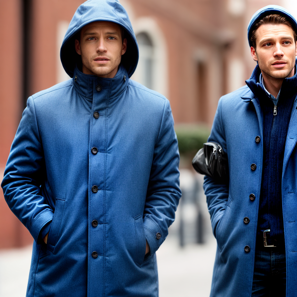 hailing on a man outside in a blue coat