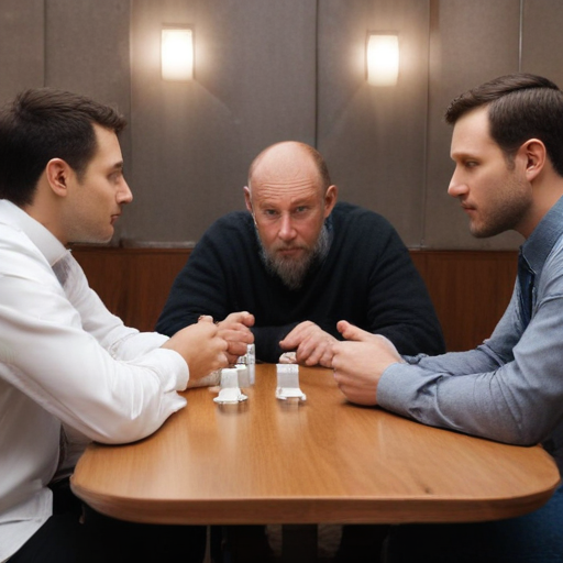 three men talking at a table with a robot in the middle