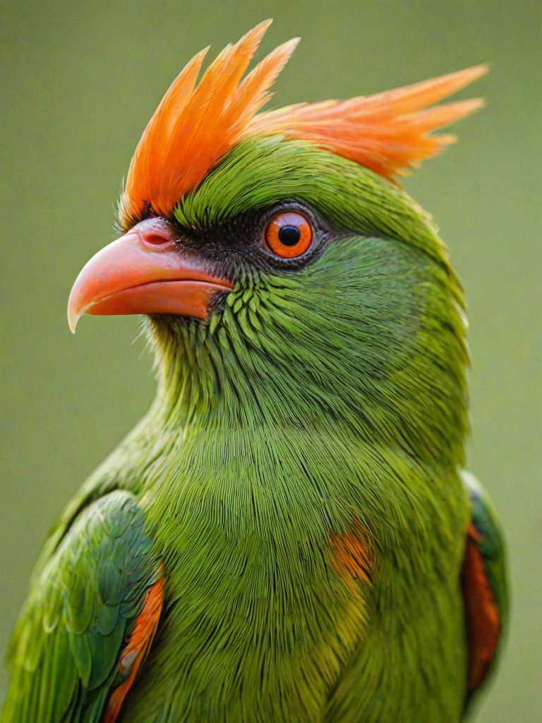 Vibrant Green Bird with Striking Orange Crest and Intense Eyes