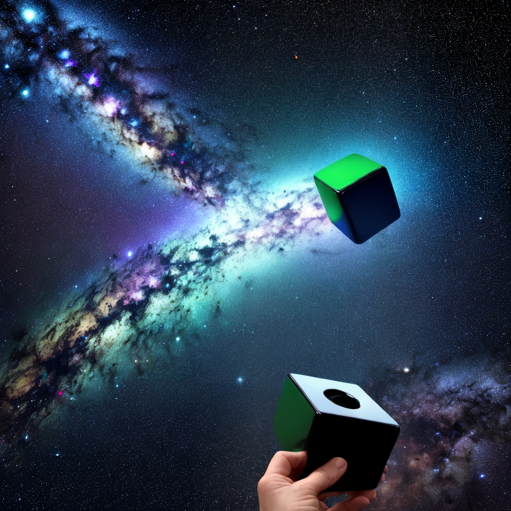 man throwing black cube on stars background