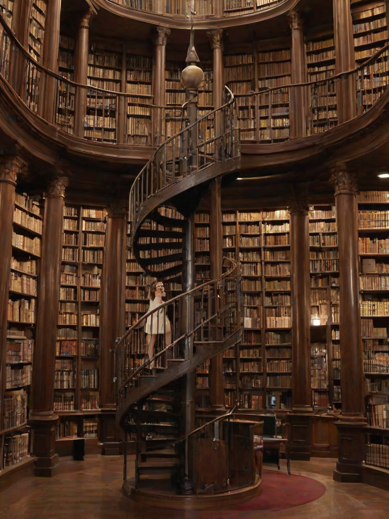 A Majestic Library with Spiraling Staircase Surrounded by Endless ...