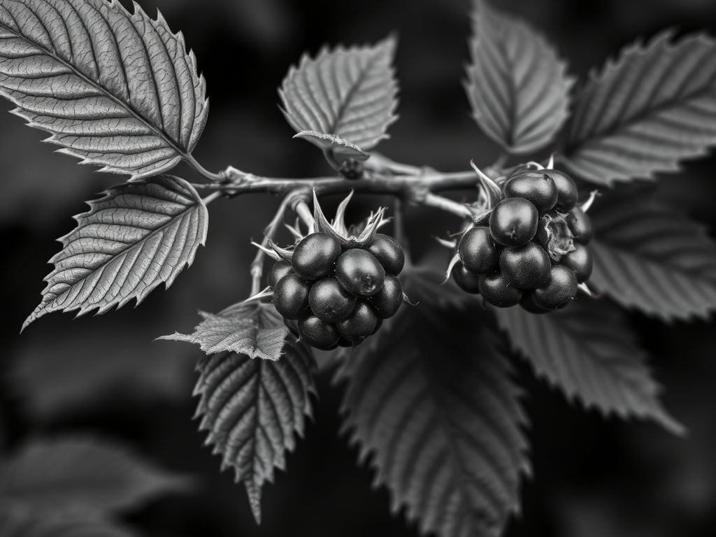 Close-Up of Blackberries on a Branch Surrounded by Rich Green Leaves