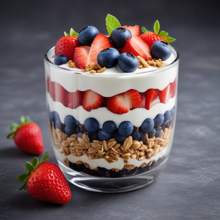 Realistic photo of fruit parfait with stawberries, blueberries, granola ...