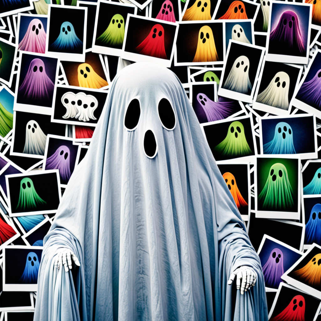 rainbow ghost surrounded by polaroids of other ghosts