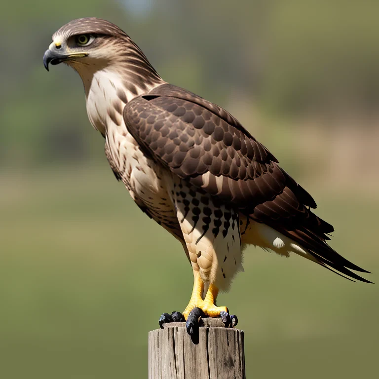 A Majestic Hawk Perched Gracefully on a Wooden Post in Nature.