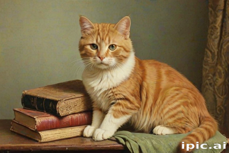 A Charming Ginger Cat Posing Gracefully Next to Old Stacked Books
