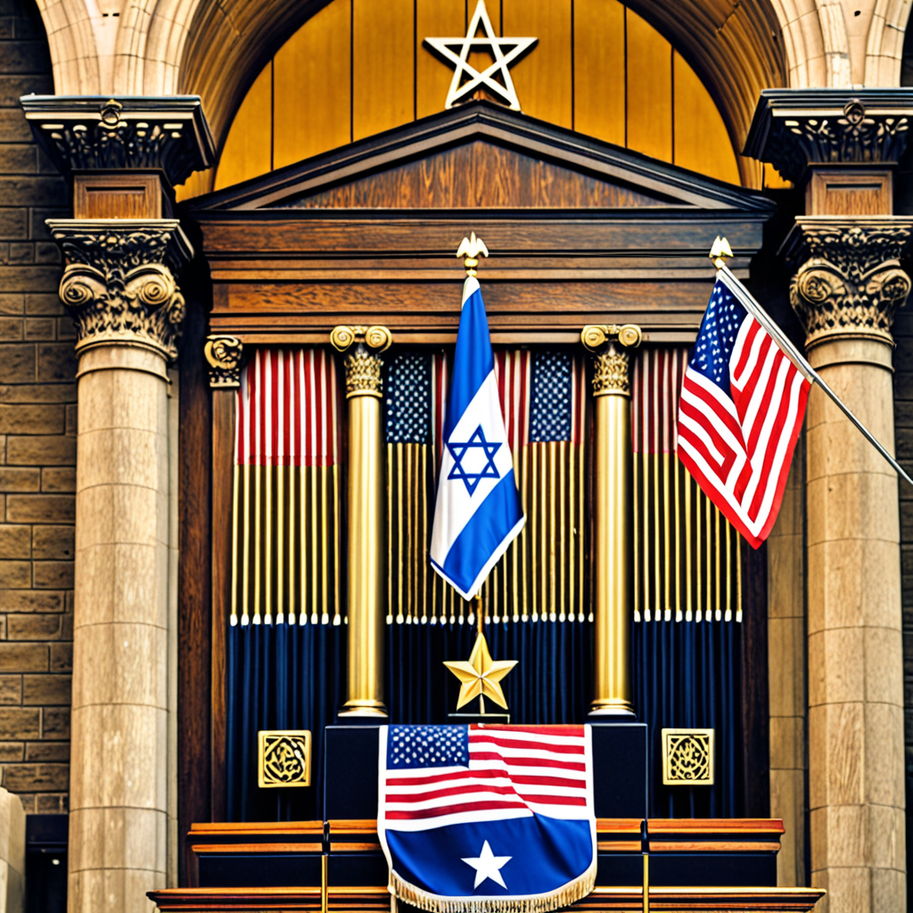 synagogue with israel and american flags