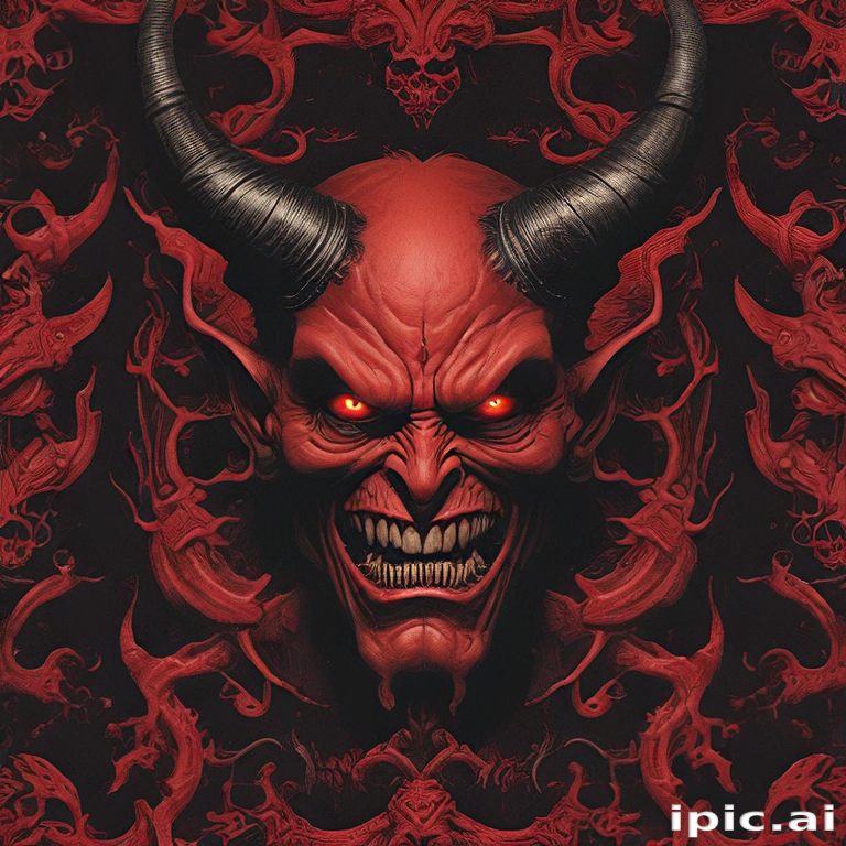 Sinister Demon with Horns and Fiery Eyes Surrounded by Dark Shadows