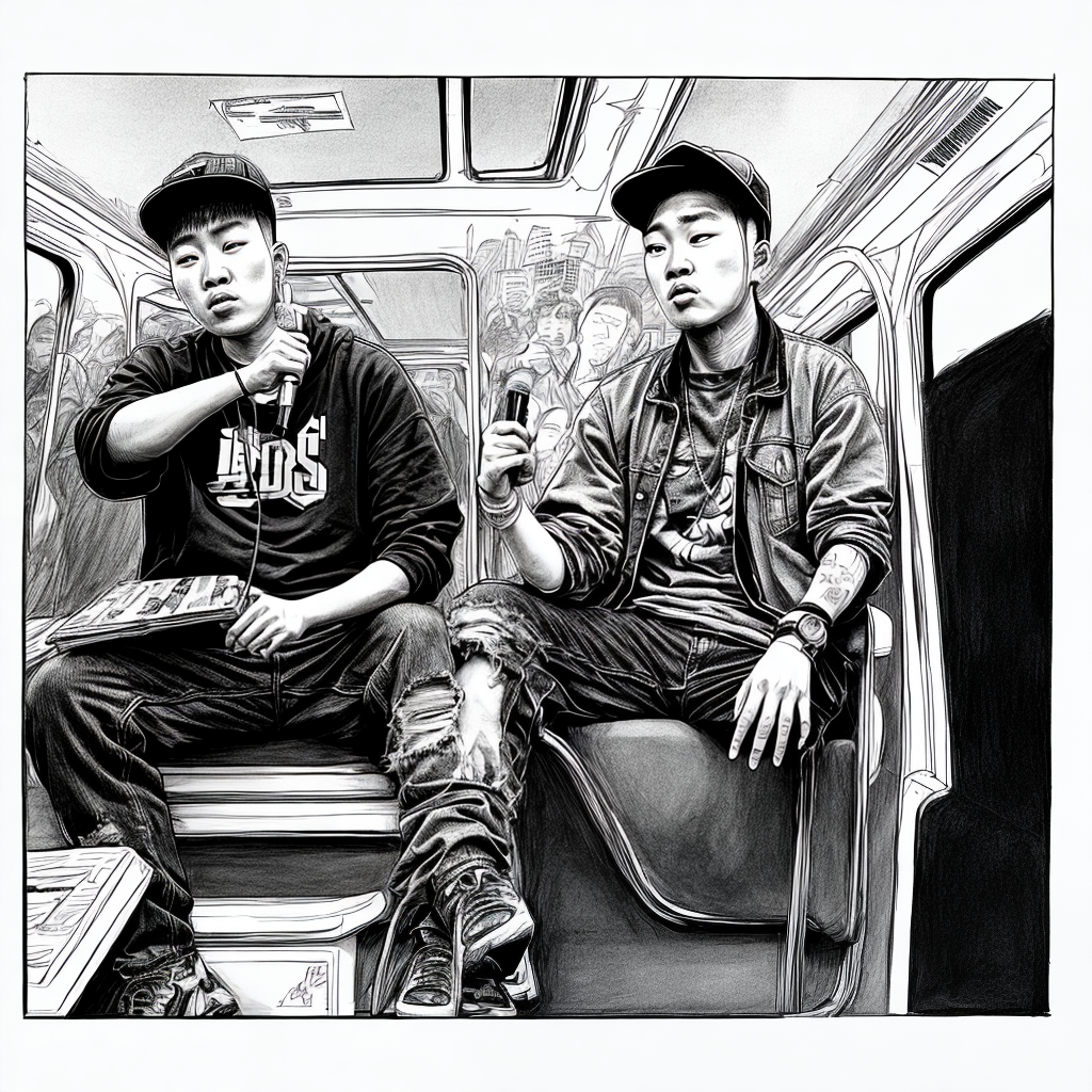 ASIAN HIP HOP RAPPER IS SINGING INSIDE THE BUS. COMIC BOOK. SKETCH ...