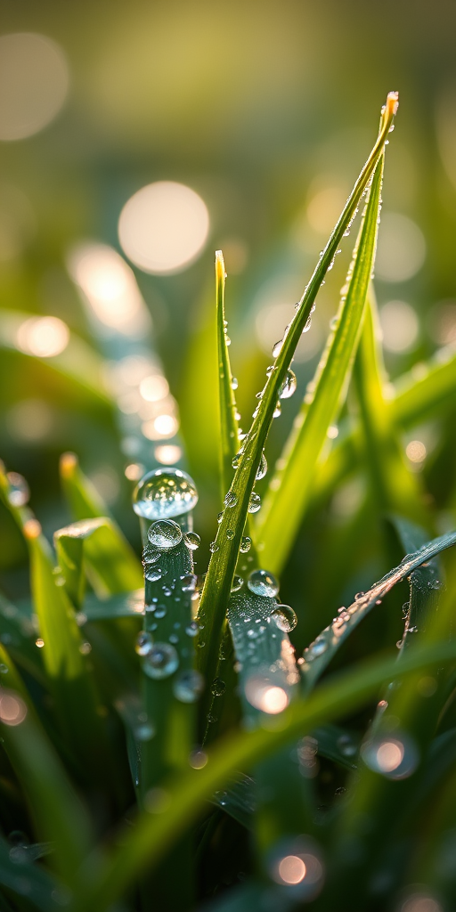 Morning Dew on Fresh Green Grass Captured in Soft Natural Light
