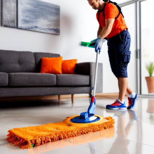cleaner using a orange colour microfibre fringe mop to sweep the floors ...