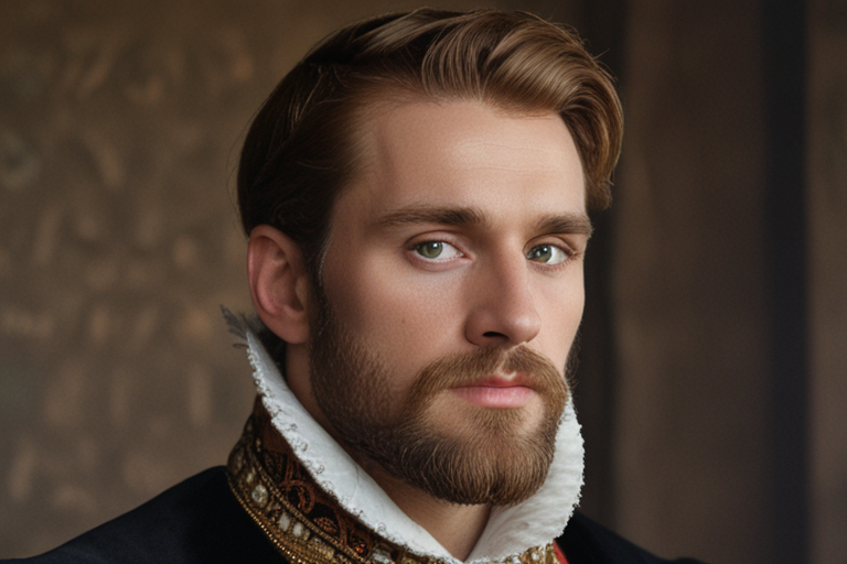 portrait of tudor era king, blonde, brown eyes, strong jawline, beard
