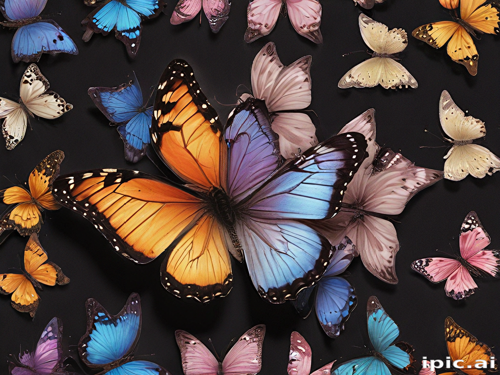 A Colorful Array of Butterflies in Vibrant Hues Against a Dark Background